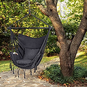 HBlife Hammock Chair, Max 330 Lbs, 2 Pillows Included, Dark Gray Hanging Chair with Pocket and Macrame, Swing Rope Chair for Bedroom, Backyard and Deck