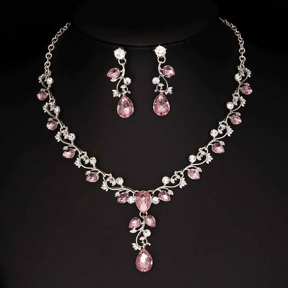 Molie Leaf Vine Crystal Necklace Earrings Jewelry Set for Bridesmaids V-Neck Formal Evening Dress (Pink)