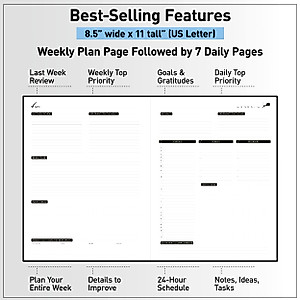 Daily Planner - Professional Life Planner, Calendar & Gratitude Journal to Increase Productivity, Time Management & Happiness - Vegan Leather Softcover, 6 Months, Undated 24 Hour Business Planner