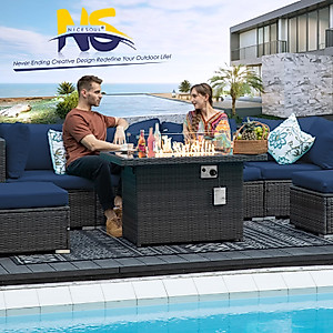 NICESOUL® Large 9 Piece Outdoor Patio Furniture Set with Fire Pit Table,29.3'' High Back Rattan Modular Sectional Sofa Set with Natural Gas/Propane Firepit Navy,2 Colors Cushions