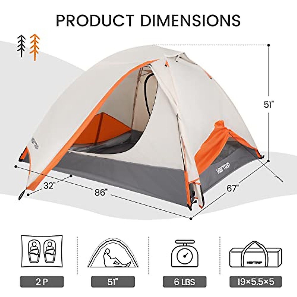 HEYTRIP Backpacking Tent 2 Person Ultralight Camping Tent with Removable Rainfly, Two Doors Waterproof Camp Tents for Hiking & Family Camping, Beige