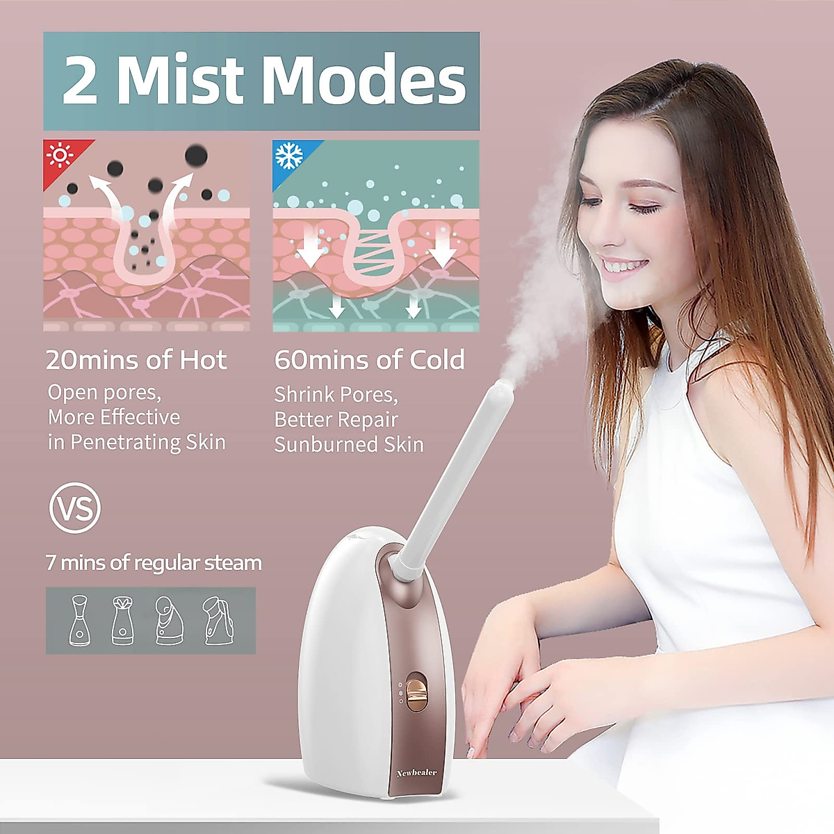Newbealer Pro Facial Steamer, Hot & Cool Aromatherapy Nano Ionic Steamer with 360° Extended Nozzle, Face Moisturizing Deep Cleaning, Portable for Home Spa, 9-Piece Acne Set and Face Brush