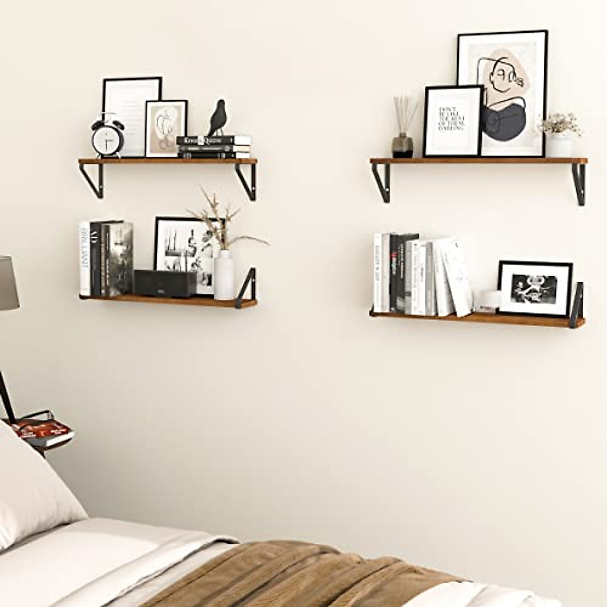 Wallniture Ponza Floating Shelves for Wall, 24" Rustic Wood Wall Shelves for Bedroom Decor, Living Room Book Shelves, Kitchen Organization Walnut Set of 4