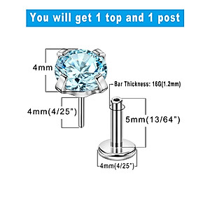 Tragus Piercing Jewelry Surgical Steel Cartilage Earrings 16g Threadless Nose Stud 5mm Lip Ring Push in Labret 4mm Aquamarine CZ Nose Rings for Women Conch Stud Helix Earring Rook Earrings Flat Back