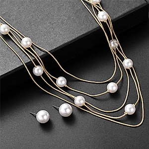 Nicole Miller Pearls Multi-strand Long Necklace Set with Pearl Earrings (Gold/White)