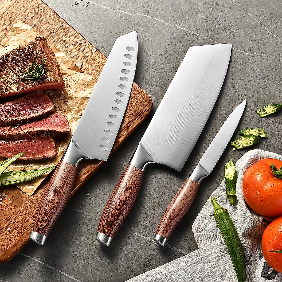 HAOCHUYI 3-Piece Professional Chef Knife Set - Ultra-Sharp Kitchen Knives with Ergonomic Wood Handle, Ideal for Home, Outdoor, Camping, BBQ, and Gifts for Men