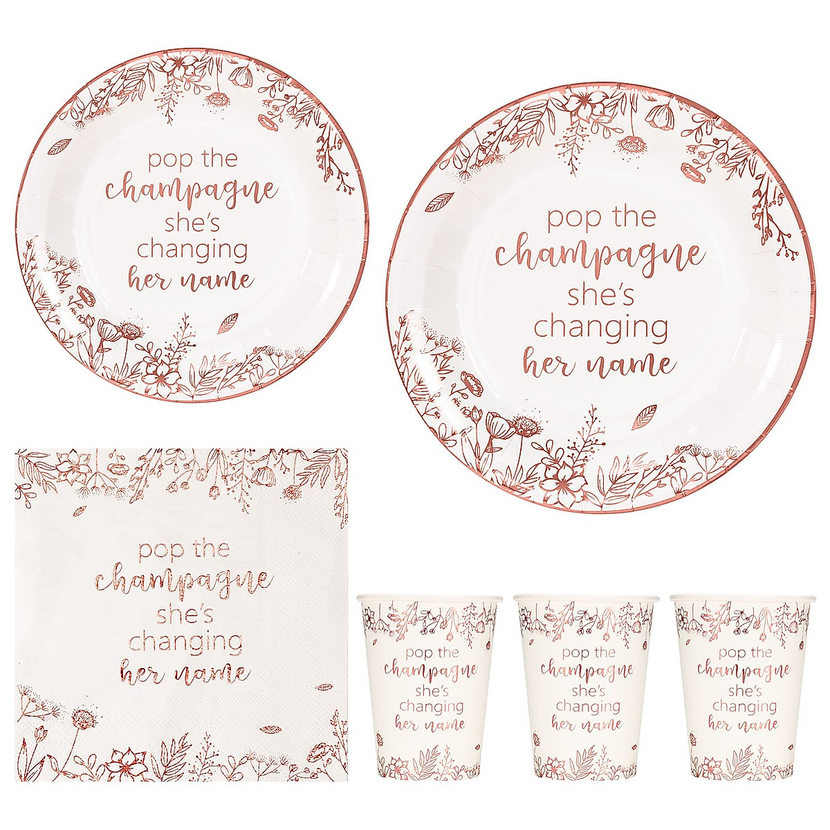 Crisky Rose Gold Bachelorette Napkins Plates Cups Set for Bridal Shower Wedding Engagement Party Decorations Supplies, Disposable Tableware Set of 24 (Pop, She is Change Her Name)
