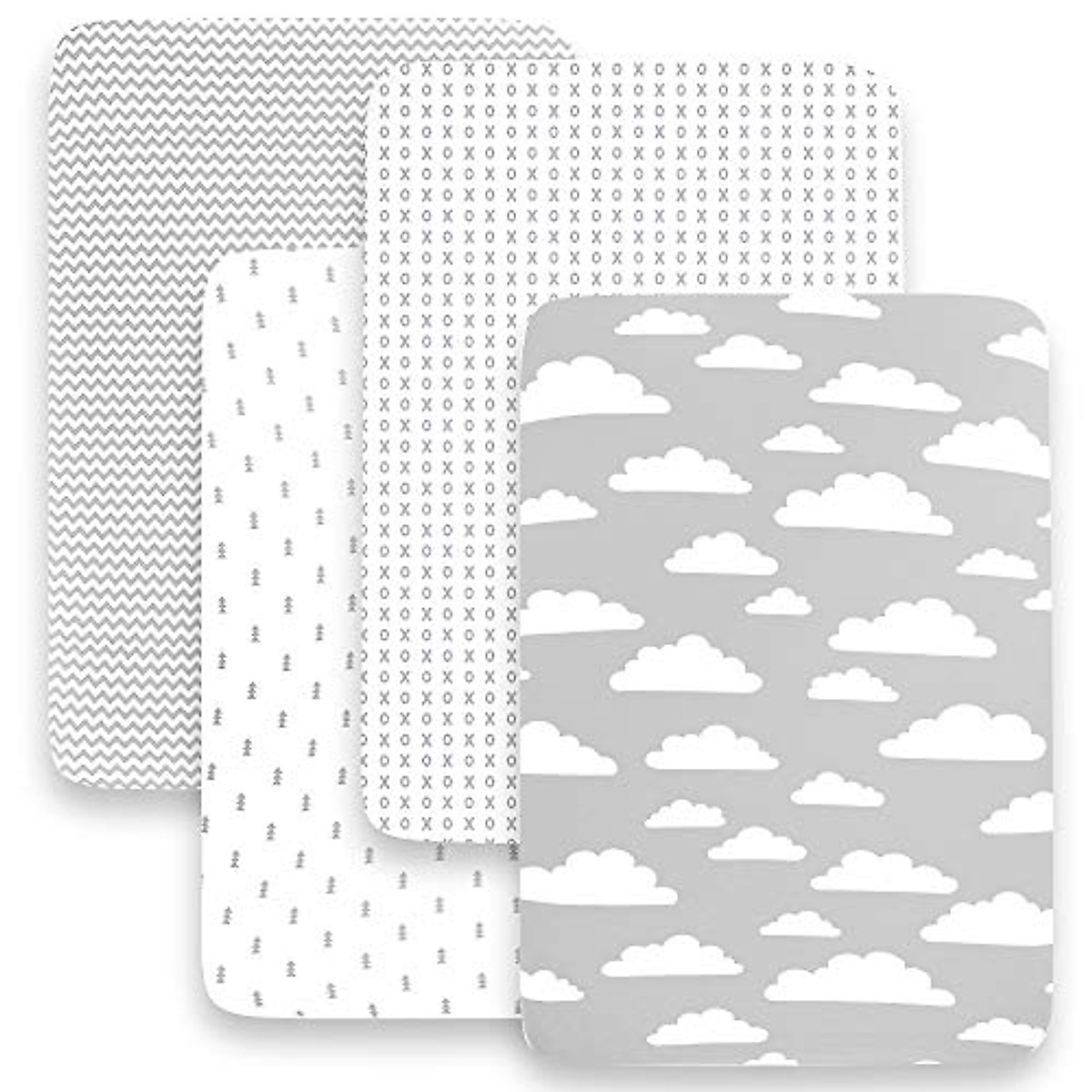 BaeBae Goods Premium Crib Sheets for Baby Boys and Girls, 4 Pack, Soft and Breathable Jersey Knit Fitted Sheet Set, Grey and White, Cute Gender Neutral Nursery Mattress Bedding, Universal Fit