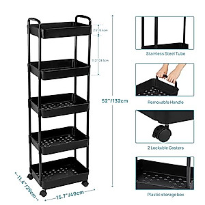 Vtopmart 5 Tier Rolling Cart with Wheels, Detachable Utility Storage Cart with Handle and Lockable Casters, Storage Basket Organizer Shelves, Easy Assemble for Bathroom, Kitchen, Black