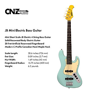 CNZ Audio JB Mini Electric Bass Guitar - Sunburst Body, Maple Neck, Rosewood Fingerboard & 3-Ply Tortoise Pickguard, 28.6" Short Scale Premium Pickups, Vintage Steel Bridge & Tuners - Pure Awesomeness