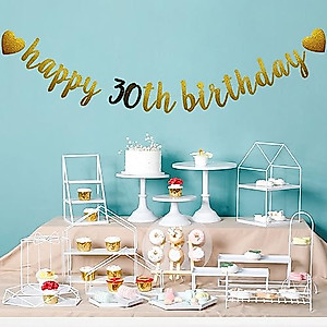 Happy 30th Birthday Banner, Pre-Strung,Gold and Black Glitter Paper Garlands Banner for 30th Birthday Party Decorations Supplies, Letters Gold and Black,Betteryanzi