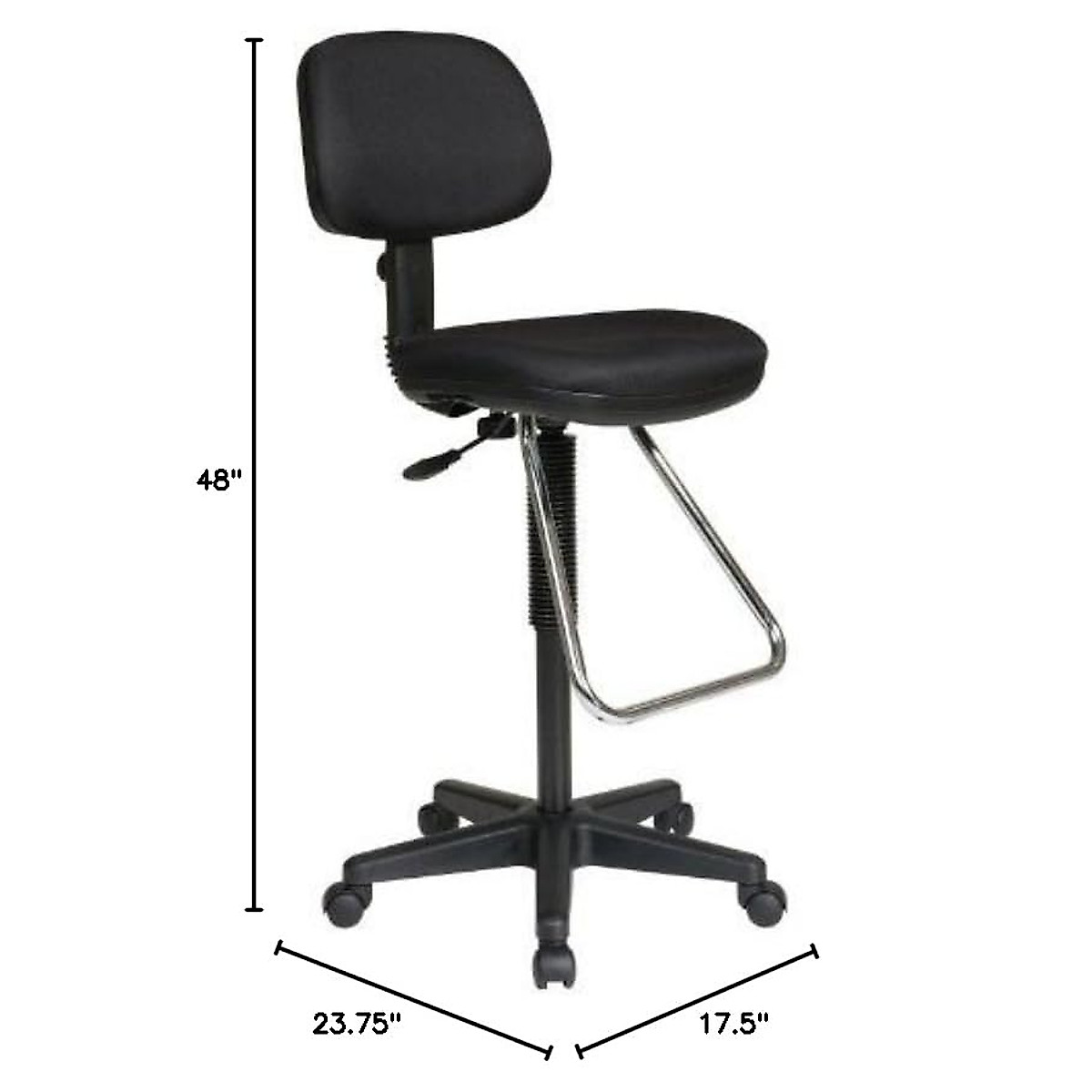 Office Star DC Series Pneumatic Adjustable Drafting Chair with Chrome Teardrop Footrest, Icon Black Fabric