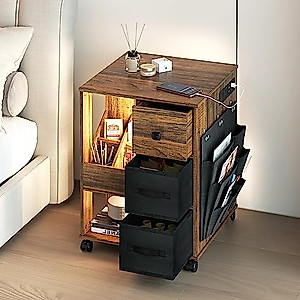 dnbss Nightstand with Charging Station, LED Nightstand with Drawers, Smart Nightstand with USB Ports, Modern Night Stand Bedside Table with Storage Shelves for Living Room, Bedroom, Brown