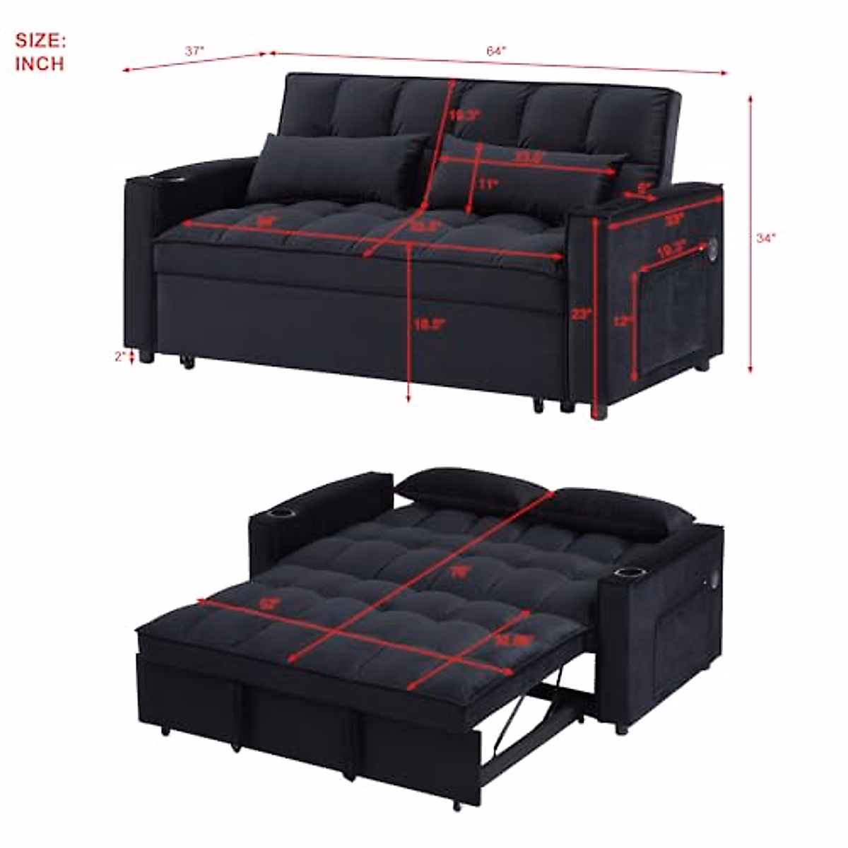 3 in 1 Loveseat Sofa W/Pull Out Sleeper Couch Bed, 2 Seater Sofa & Couch Tufted Upholstered Adjustable Backrest Futon Convertible Sleep Daybed for Living Room