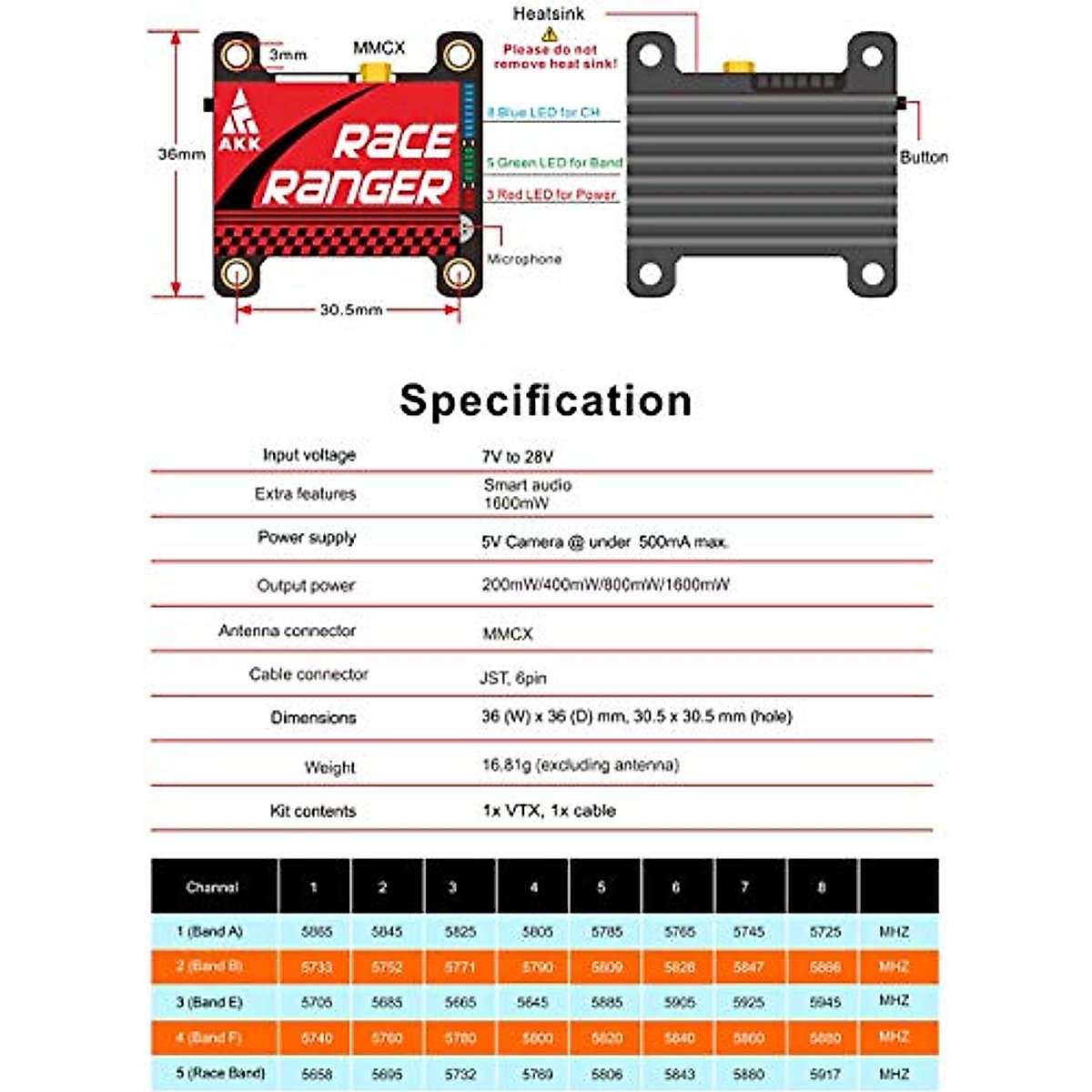 AKK A1819(US Version) 5.8G Long Range VTX FPV Transmitter 200mW/400mW/800mW/1000mW Switchable VTX Support Smart Audio