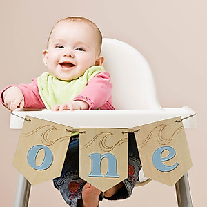 Lintran Surf Theme Wood One Banner - Wooden Letters Banner for 1st Birthday, High Chair Decoration