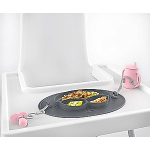 Silicone Suction Toddler Plates - Baby Plate Placemat for First Foods,Self-Feeding Plate for Kids + 3 Divided + 2 Tethers - Dishwasher Safe (Grey)