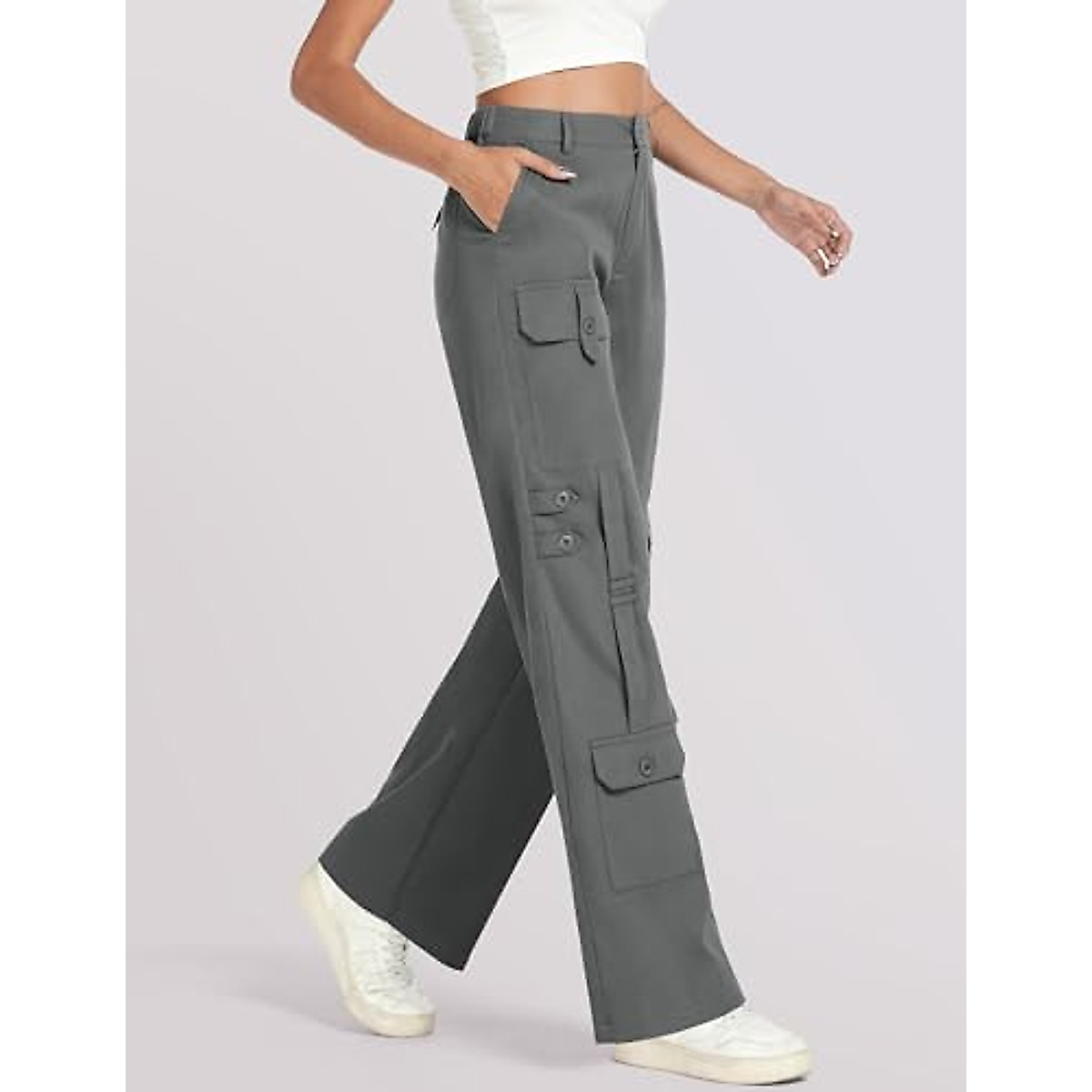 THANTH Cargo Pants Women High Waist Baggy Casual Pants Combat Military Wide Leg Y2K Streetwear Trousers with 8 Pockets Dark Gray S