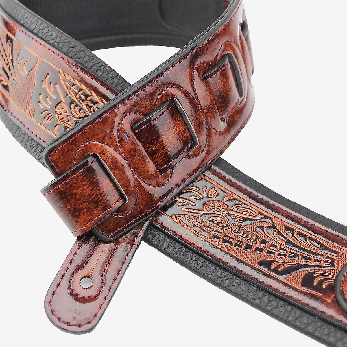 Walker & Williams GB-101 Bourbon Brown Handmade Padded Leather Strap Classic Live Oak Pattern For Acoustic, Electric, And Bass Guitars