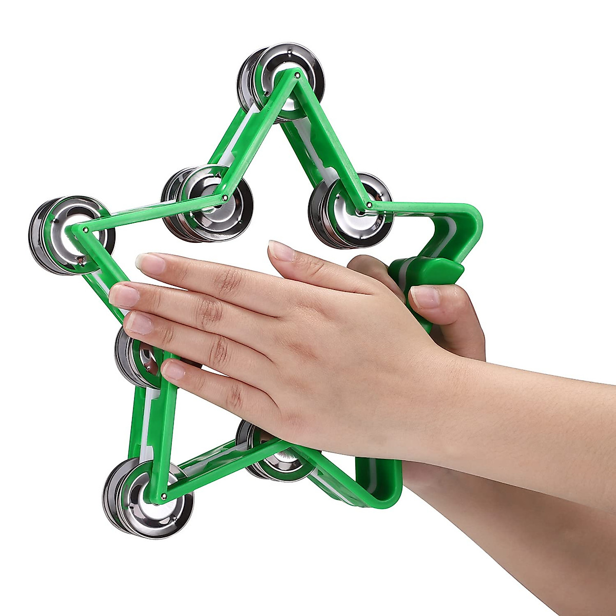 Facnogu 1 Pair Pentagram Handheld Tambourine Handbell Timbrel, Double Row Musical Percussion Instrument with 28 Nickel Steel Jingles - Green