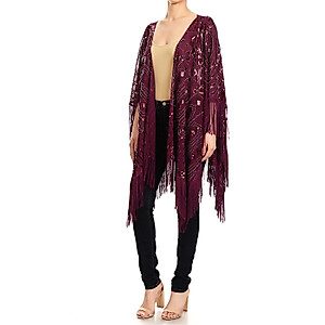 Anna-Kaci Womens Oversized Gatsby Hand Beaded Fringed Sequin Evening Shawl Wrap, Burgundy, Onesize