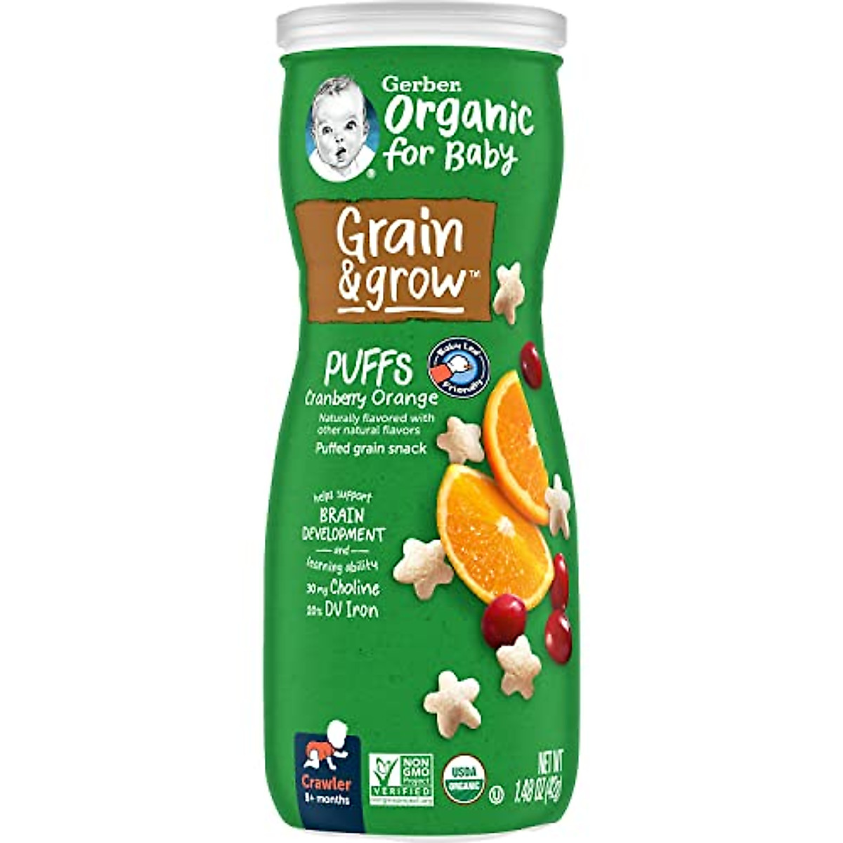 Gerber Organic for Baby Grain & Grow Puffs, Cranberry Orange, Puffed Grain Snack for Crawlers, Non-GMO & USDA Organic, 1.48-Ounce Canister (Pack of 3)