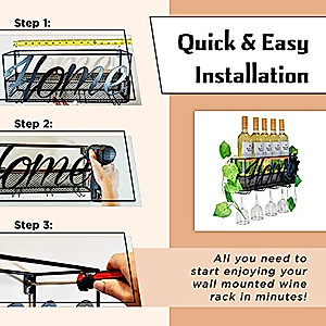 FLOMAC FINEST Wine Holder Wall Mounted - Stores 4 Glasses 5 Wine Bottles - with Cork Holder Storage - Home and Kitchen Wall Decor Storage- Bonus E-Book and Grapes