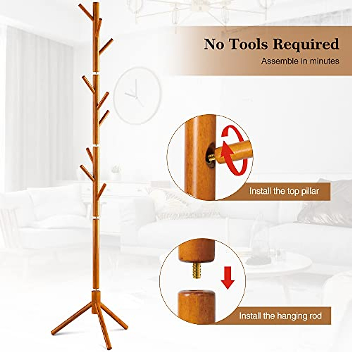 NicQliear Wooden Freestanding Coat Rack with 9 Hooks, Adjustable Coat Rack Stand to Hang Clothes/Bags/Hats, Standing Coat Tree Perfect for Bedroom/Entryway/Hallway