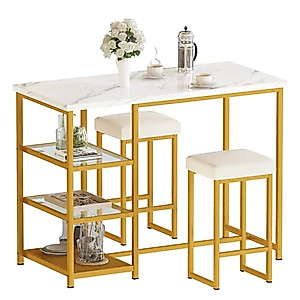 DKLGG 3-Piece Dining Table Set, Counter Height Pub Table with 2 Upholstered Bar Stools/Chairs, Small Space Faux Marble Bar Tabletop Storage Shelves, Breakfast Nook, Gold