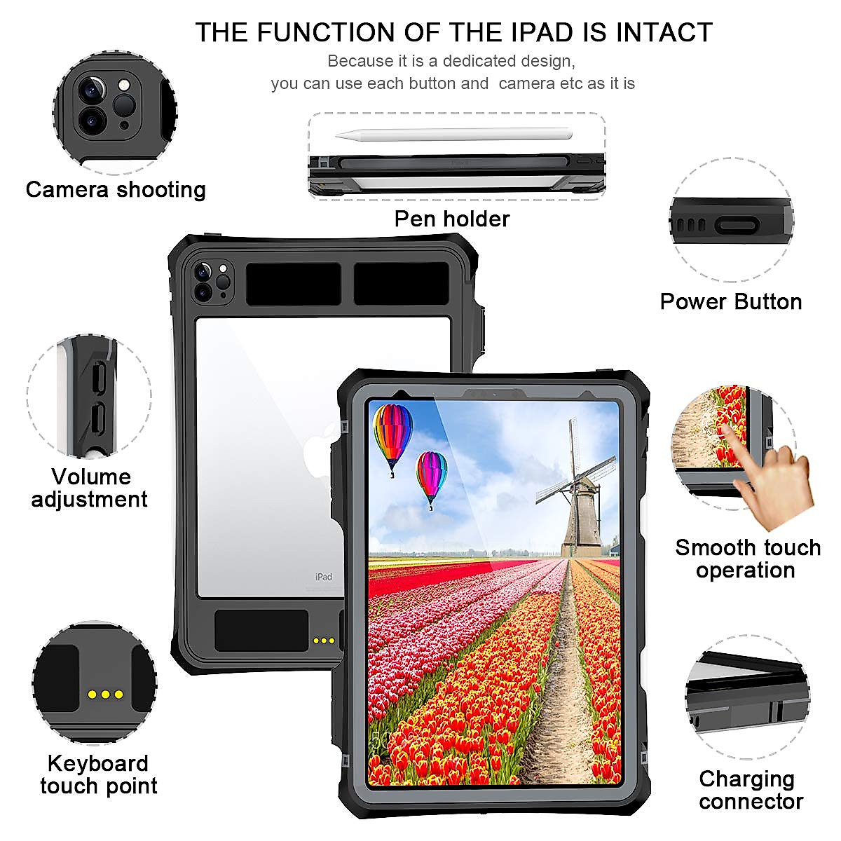 Transy for iPad Pro 11 Case - Black Waterproof Case for iPad Pro 11 Inch 2020 2021 2022 New Clear Full Body Protection Bumper Case Shockproof Dustproof with Ring Stand Strap Built in Pen Holder