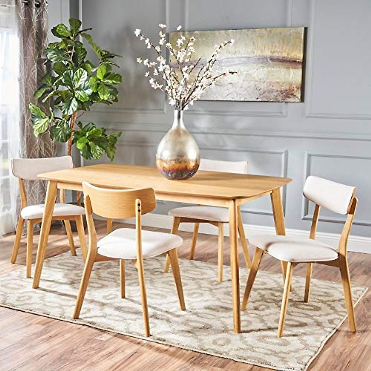 Christopher Knight Home Alma Mid-Century Wood Dining Set with Fabric Chairs, 5-Pcs Set, Natural Oak / Light Beige