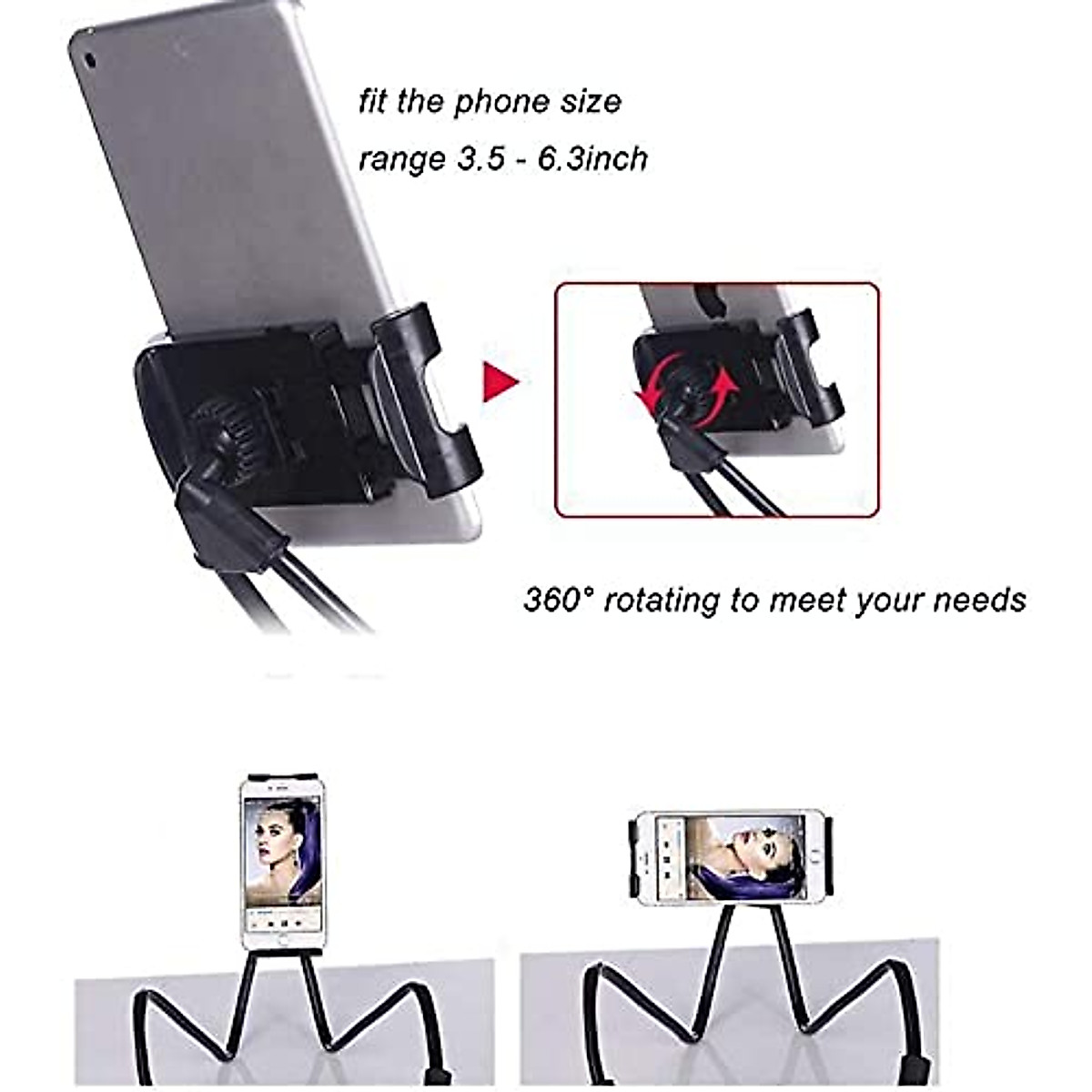 Lazy Cell Phone Mount Hanging on Neck, Airlxf Flexible Long Arms Stand Clip Holder Stand 360 Rotating DIY Free Rotating Multiple Functions for Desk Bed, Bike and Motorcycle (Black), 70cm