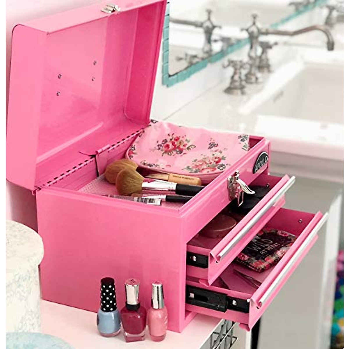 Apollo Tools 14 Inch Steel Tool Box with Deep Top Compartment and 2 Drawers in Heavy-Duty Steel With Ball Bearing Opening and Powder Coated Finish - Pink Ribbon - Pink - DT5010P