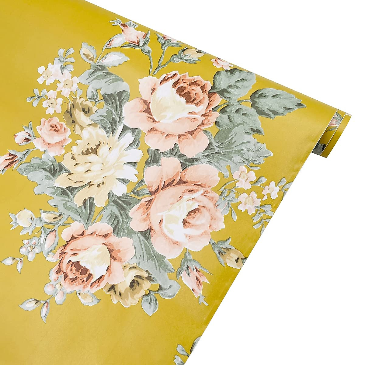 Yifely Vintage Peony Floral Shelving Paper Dark Yellow Peel & Stick Shelf Liner Dresser Drawer Sticker 17.7 Inch by 9.8 Feet