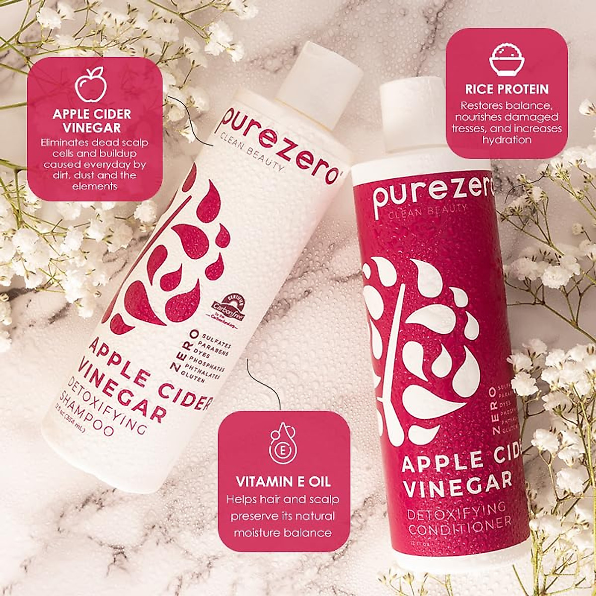 Purezero Apple Cider Vinegar Shampoo & Conditioner Set - Detox Scalp & Hair - pH balanced -Increase Hydration - Zero Sulfates, Parabens, Dyes - 100% Vegan & Cruelty Free - Great For Color Treated Hair
