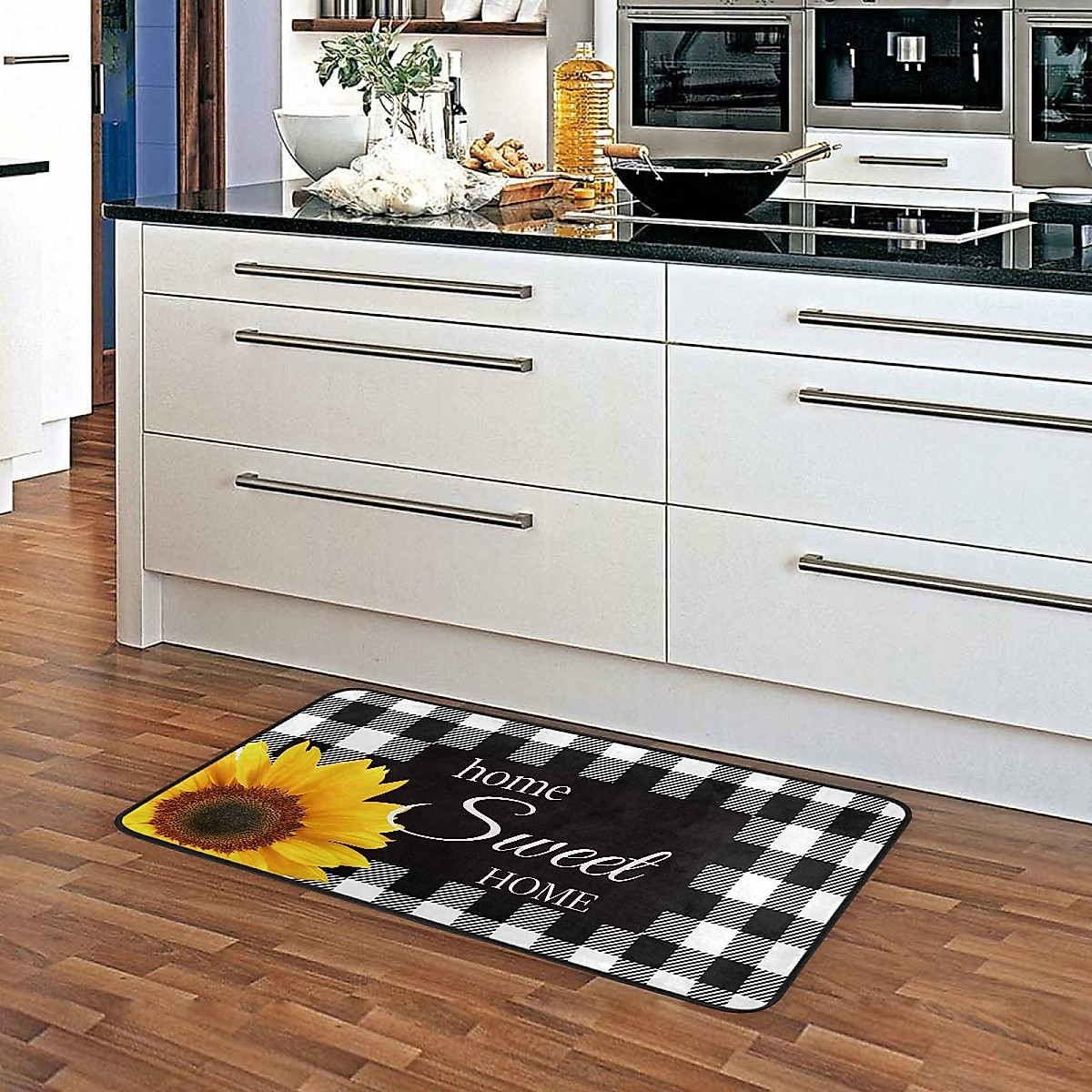 Black White Buffalo Plaid Check Kitchen Rugs Non Slip Sunflower Kitchen Mats Bathroom Rug Doormats for Home Decor, Washable, 39 x 20 Inch
