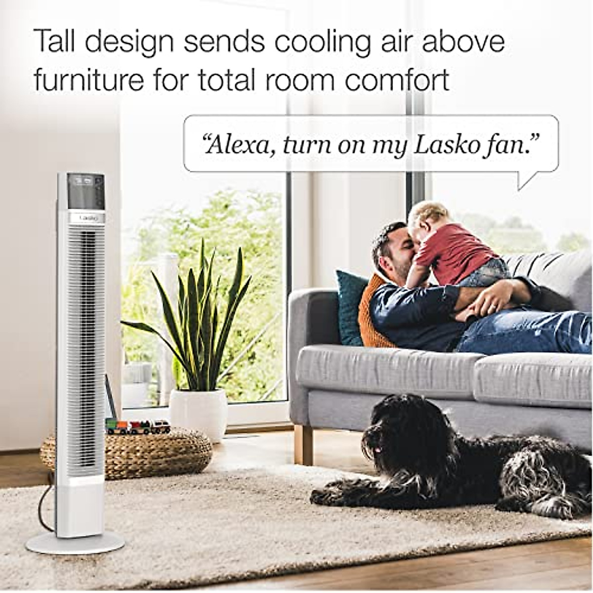 Lasko Works with Alexa Oscillating Tower Fan, Voice Controlled, 4 Quiet Speeds, Sleep Mode, Timer, Bedroom, Living Room, 48", White, T48401