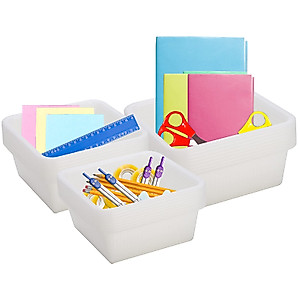 ZENFUN 24 Pieces Plastic White Storage Baskets, 3 Sizes Stackable Storage Bins Container Stationery, Small Tools, Cleaning Products, Space Saving