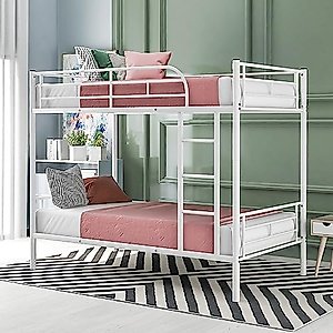 Twin Over Twin Metal Bunk Bed with Ladder and Safety Guard Rail,Heavy Duty Bunk Beds with Metal Slats for Kids Teens Adults, No Box Spring Required/Space-Saving/Noise Free/Easy Assembly (White)