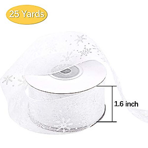 Livder 1.6 Inch Wide Christmas Snowflake Sheer Organza Ribbon for Xmas Gift Wrapping, Tree, Wreath, Party Decoration, 25 Yards (White)