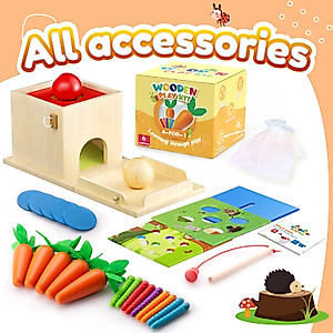 Yehtta 4 in 1 Educational Montessori Toys for 1 2 Year Old, Include Object Permanence Box, Magnetic Worm Game, Carrot Harvest Toy, Coin Drop Toy, Developmental Montessori Toys for Babies 6-12 Month
