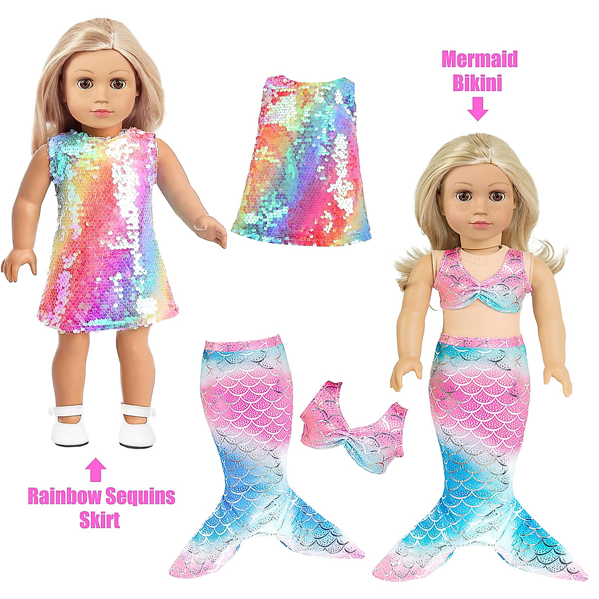 Fashion 10 Sets 18 inch Doll Clothes and Accessories Play Set inlcude Mermaid Shinning Dress Outfits Bikini Hat Handbag (No Doll)