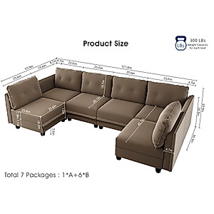 LLappuil Modular Sectional Sofa with Storage U Shaped Couch with Reversible Chaise Velvet Waterproof Anti-Scratch Sofas for Living Room 6 Seats Grey Brown