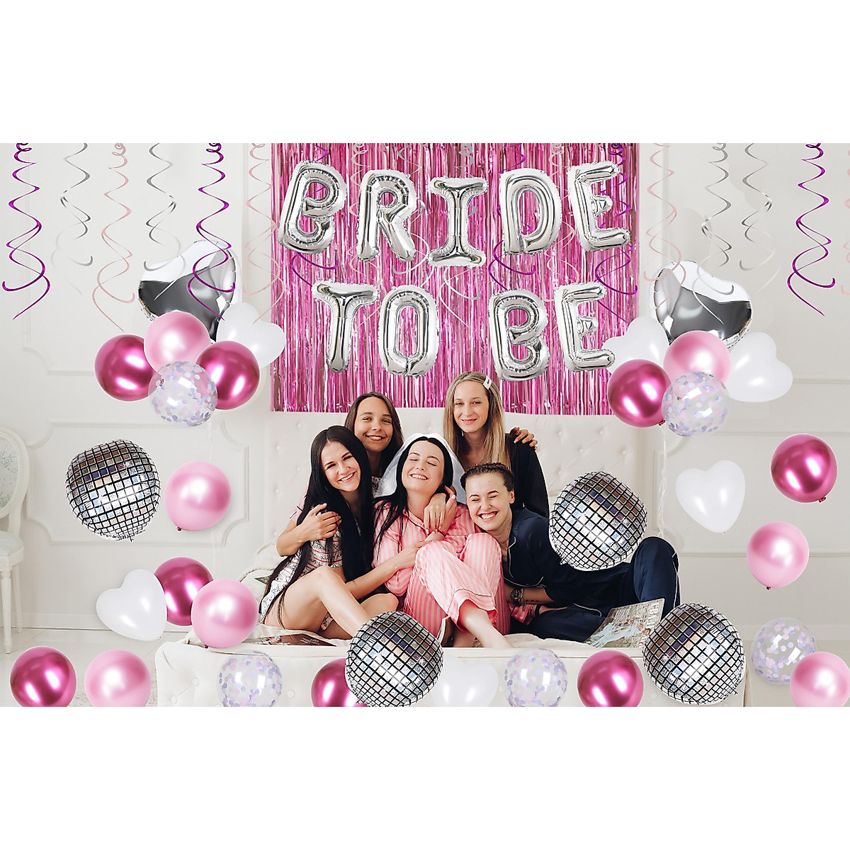 jollylife Bachelorette Party Decorations - Bridal Shower Decor Include Sash Veil Foil Curtains Balloons Hanging Swirls Sunglasses for Bride To Be Party Supplies