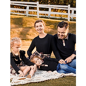 PATPAT Matching Family Outfits Mommy and Me Dresses Matching Set Mom and Daughter Matching Outfits Long Sleeve Patchwork Belted Dress and Button Down Plaid Shirts Khaki Buffalo Plaid Dress for Women M