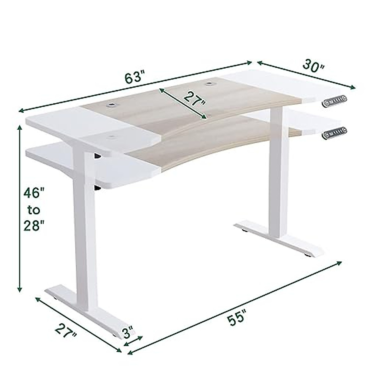 Dual Motor 63x30 Height Adjustable Electric Standing Desk,Height Stand Up Computer Desk,Sit Stand Home Office Desk with Splice Board, White and Oak Top, White Frame