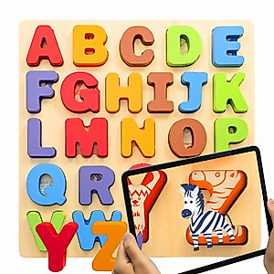 KIPPTO Wooden Alphabet Puzzles. Free Augmented Reality App, Favorite A-Z Animal Imprints with AR Makes Learning Interactive and Fun for Kids. Preschool Montessori Educational Toys 2-4 Years Old.
