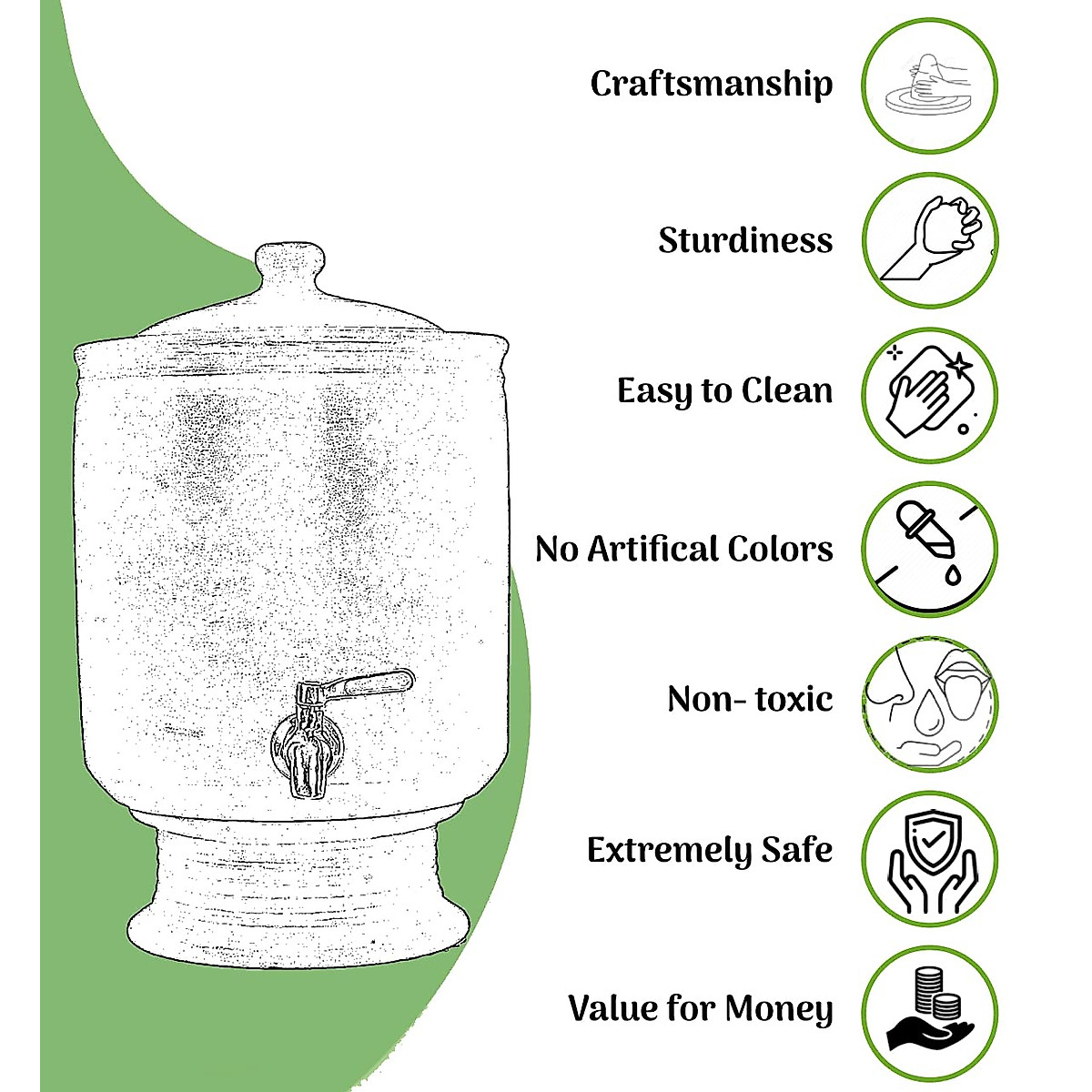 Village Decor Handmade Earthen Clay water pot | Water Dispenser Includes Clay Lid, Glass and Stand, Wooden Coaster and Stainless Steel Faucet. Capacity 7000 ml 236 oz.