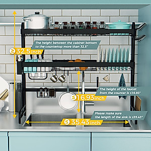 Over Sink Dish Drying Rack, Trustmade 3 Tier Full Stainless Steel Large Storage Adjustable Dish Rack (23.5''-36.6''), Expandable Kitchen Dish Drainer Shelf Rack with Hooks, Utensil Holder(Matte Black)