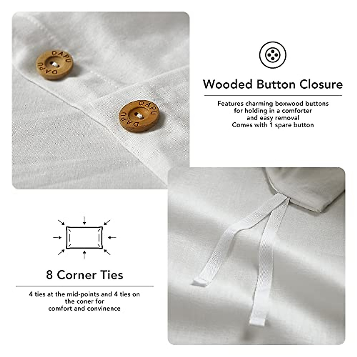 DAPU Linen Duvet Cover Set - French Linen Cotton Blend Natural Flax Soft Breathable Bedding 3 Pcs Set - 1 Duvet Cover 2 Pillowcases (Off-White/Cotton Linen, King)